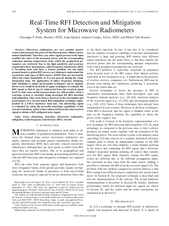 Pdf Real Time Rfi Detection And Mitigation System For Microwave Radiometers