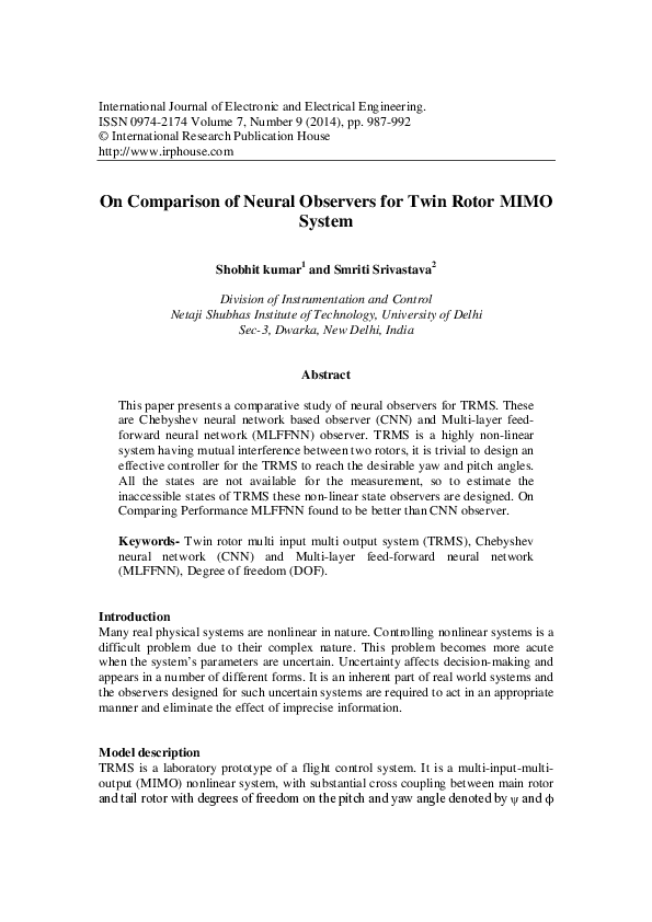 (PDF) On Comparison of Neural Observers for Twin Rotor MIMO System