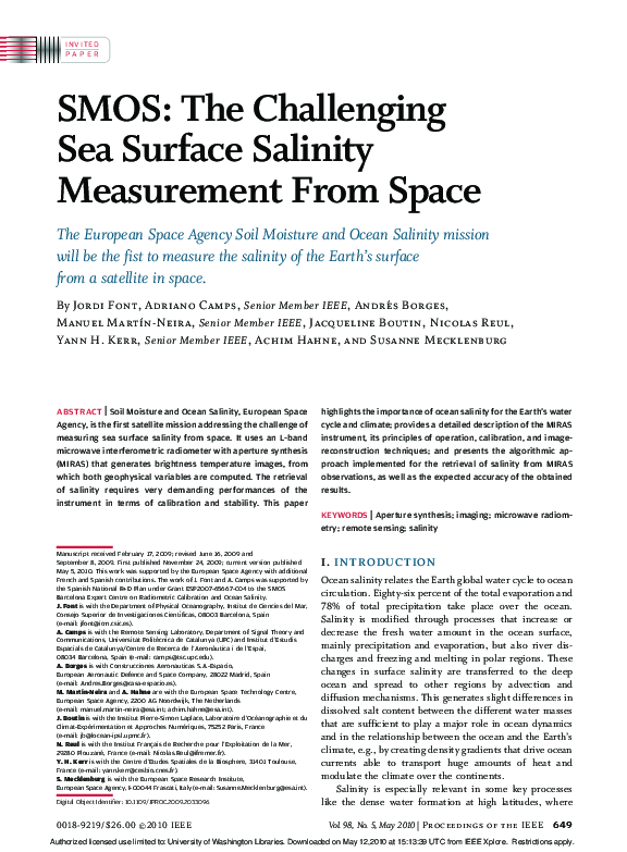 (PDF) SMOS: The Challenging Sea Surface Salinity Measurement From Space