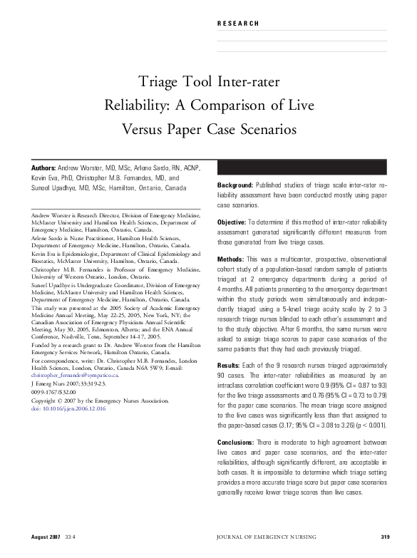 (PDF) Triage Tool Inter-rater Reliability: A Comparison of Live Versus ...