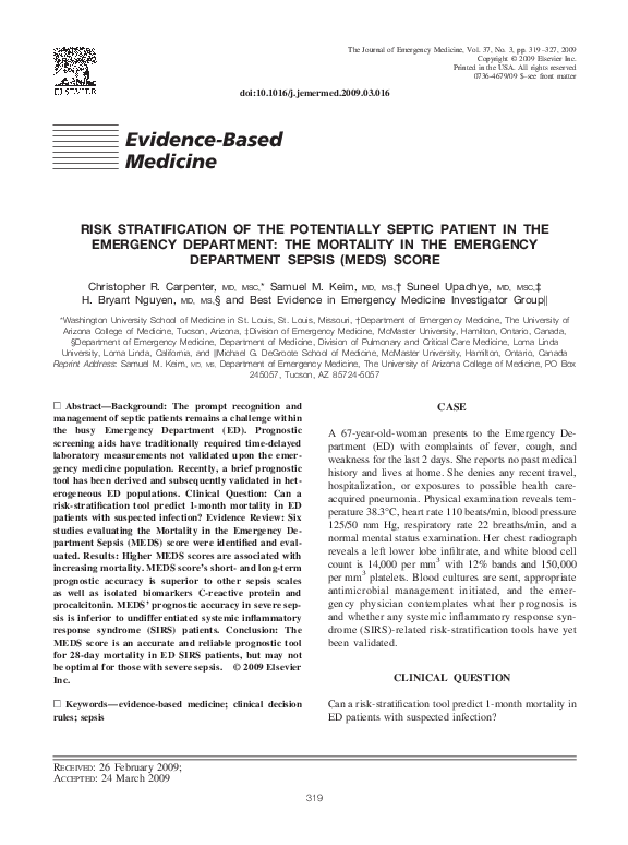(PDF) Improving Sepsis Risk Stratification: MEDS Score