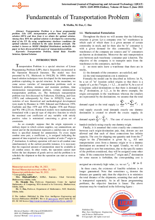 (PDF) Fundamentals of Transportation Problem