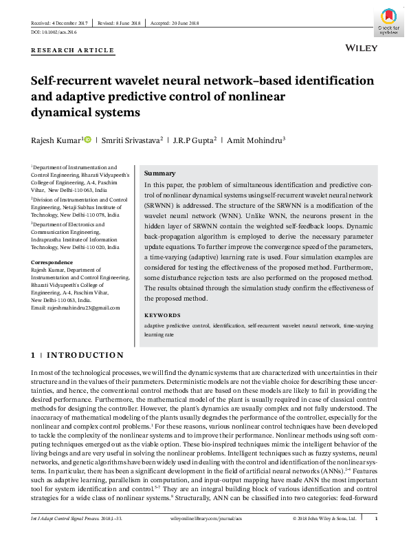 (PDF) Self-recurrent wavelet neural network-based identification and ...
