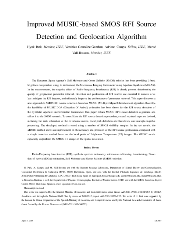 Pdf Improved Music Based Smos Rfi Source Detection And Geolocation Algorithm Adriano Camps 9247