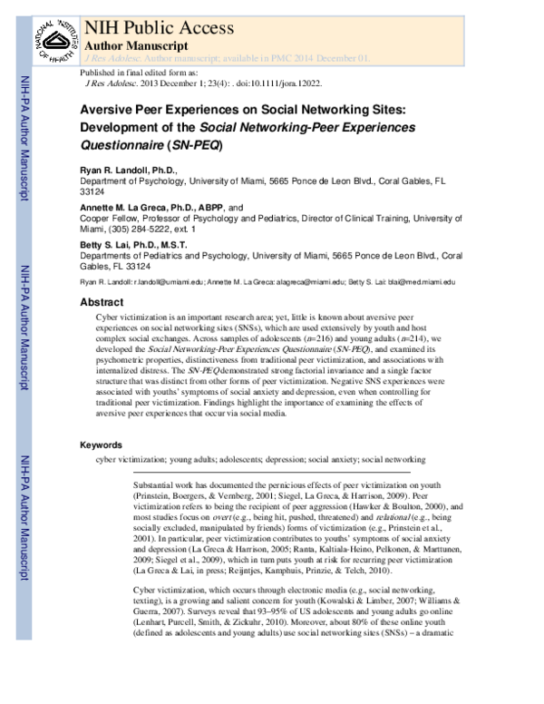 (PDF) Aversive Peer Experiences on Social Networking Sites: Development ...