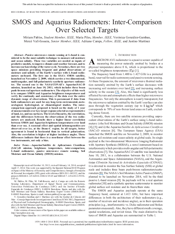 (PDF) SMOS and Aquarius Radiometers: Inter-Comparison Over Selected Targets | Adriano Camps ...