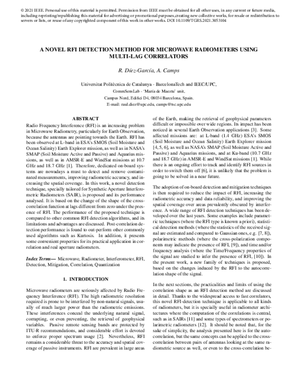 Pdf A Novel Rfi Detection Method For Microwave Radiometers Using Multilag Correlators