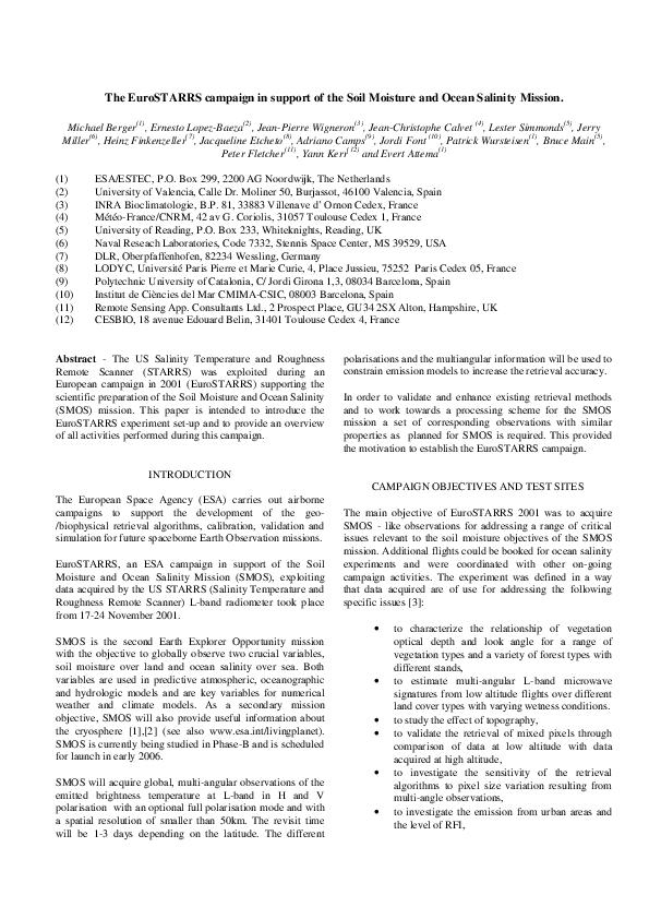 (PDF) The EuroSTARRS campaign in support of the Soil Moisture and Ocean Salinity mission