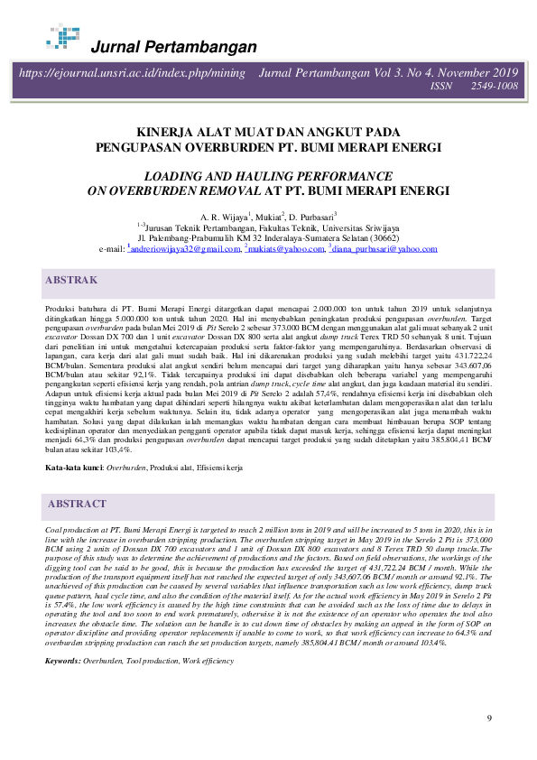 (PDF) Kinerja Alat Muat Dan Angkut Pada Pengupasan Overburden Pt. Bumi ...