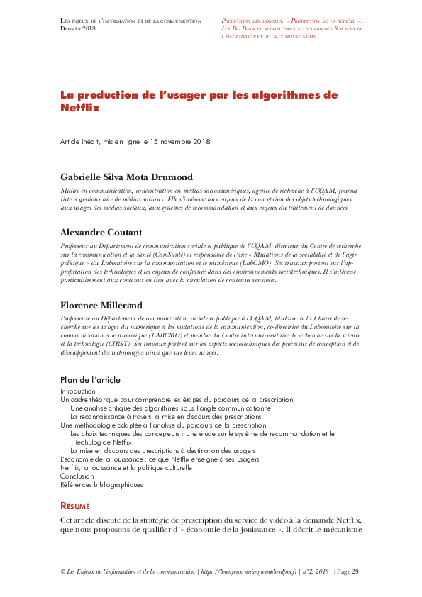 (PDF) La production de l’usager par les algorithmes de Netflix