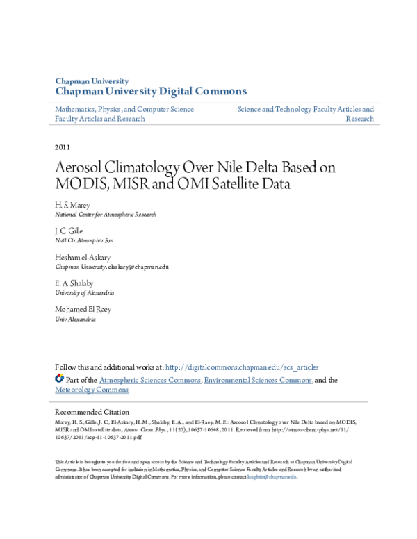 (PDF) Aerosol climatology over Nile Delta based on MODIS, MISR and OMI satellite data