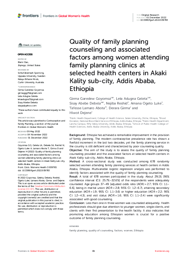 (PDF) Quality of family planning counseling and associated factors ...