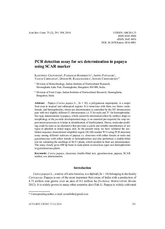 Pdf Pcr Detection Assay For Sex Determination In Papaya Using Scar Marker