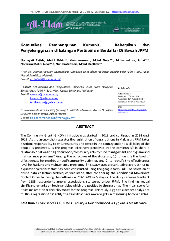 (PDF) Komunikasi Pembangunan Komuniti, Kebersihan dan Penyelenggaraan di kalangan Pertubuhan ...