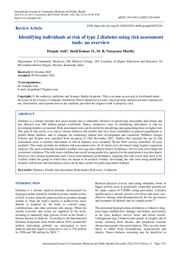 (PDF) Identifying individuals at risk of type 2 diabetes using risk ...