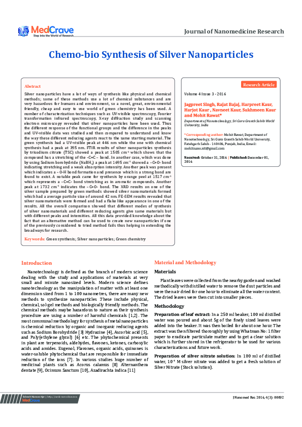 (PDF) Chemo-bio Synthesis of Silver Nanoparticles