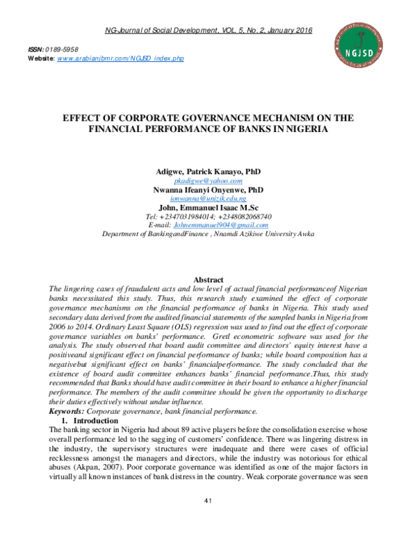 (PDF) Effect of Corporate Governance Mechanism on the Financial Performance of Banks in Nigeria