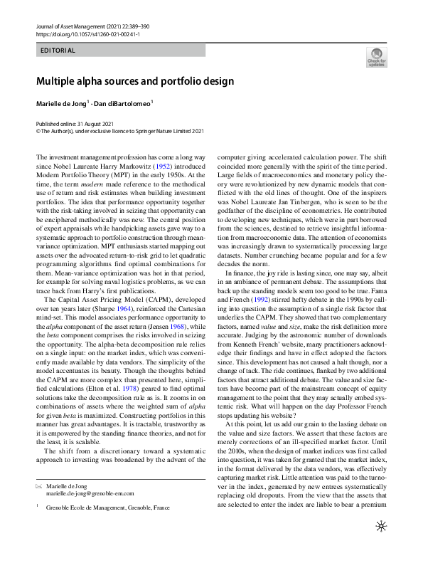 (PDF) Multiple alpha sources and portfolio design