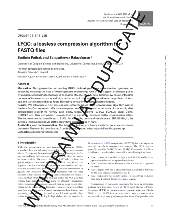 (PDF) RETRACTED: LFQC: a lossless compression algorithm for FASTQ files