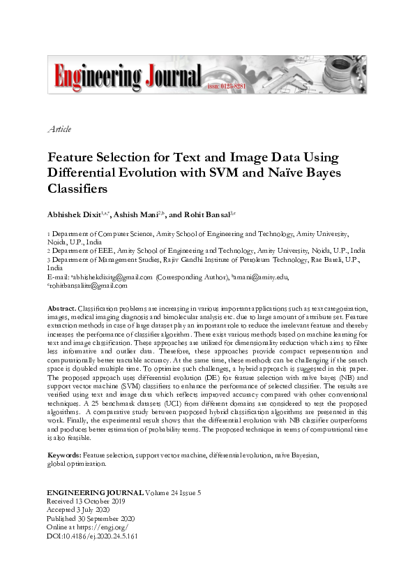 (PDF) Feature Selection for Text and Image Data Using Differential Evolution with SVM and Naïve ...