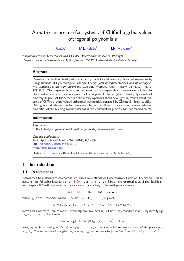 (PDF) A Matrix Recurrence for Systems of Clifford Algebra-Valued Orthogonal Polynomials