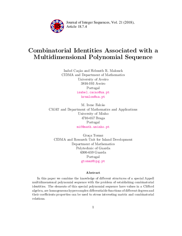 (PDF) Combinatorial Identities Associated with a Multidimensional Polynomial Sequence