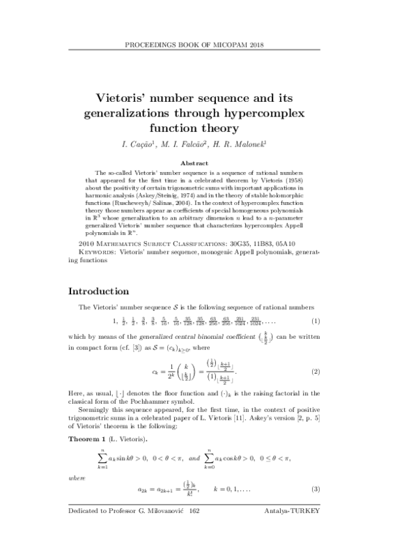 (PDF) Vietoris ’ number sequence and its generalizations through hypercomplex function theory ...