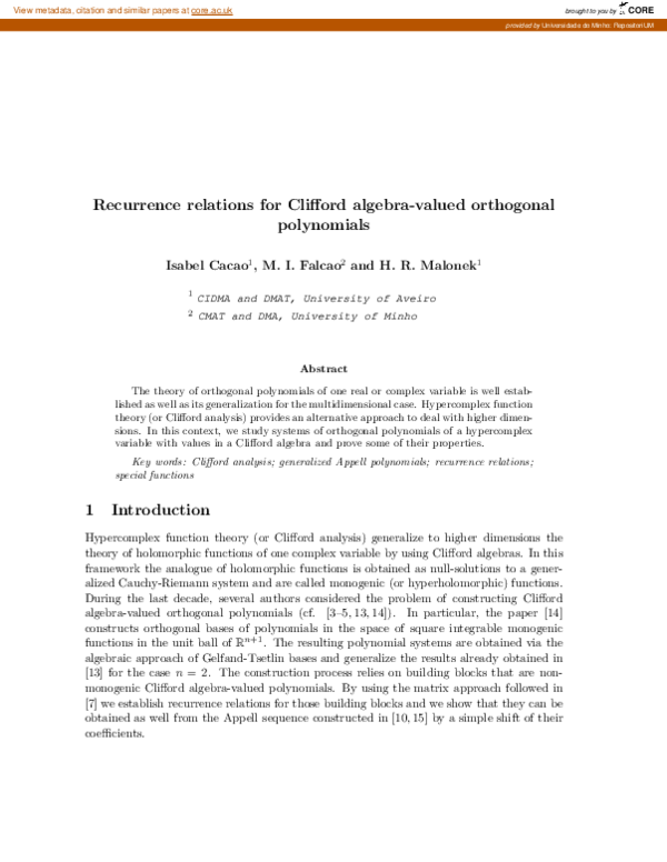 Pdf Recurrence Relations For Clifford Algebra Valued Orthogonal Polynomials