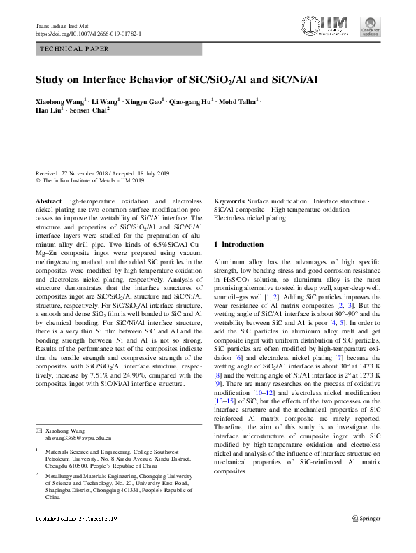 (PDF) SiC/Al Interface Behavior: SiO2 vs Ni Coatings