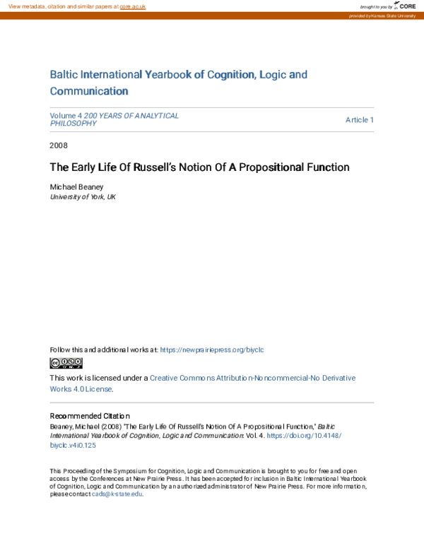 (PDF) The Early Life Of Russell’s Notion Of A Propositional Function ...