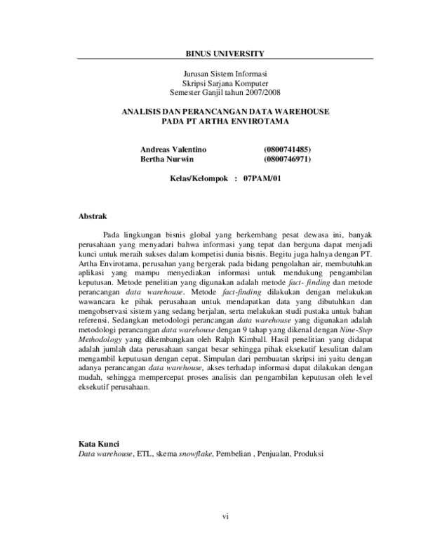 Pdf Analisis Dan Perancangan Data Warehouse Pada Pt Artha Envirotama
