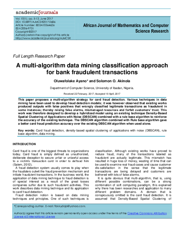 (PDF) A multi-algorithm data mining classification approach for bank fraudulent transactions