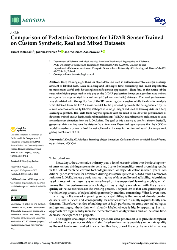 Pdf Comparison Of Pedestrian Detectors For Lidar Sensor Trained On