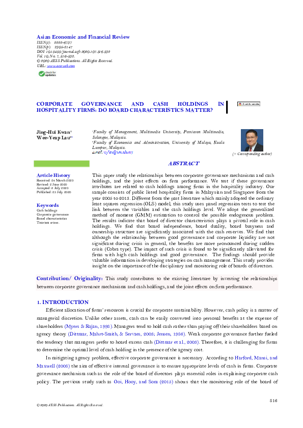 (PDF) Impact of Board Traits on Hospitality Cash Holdings