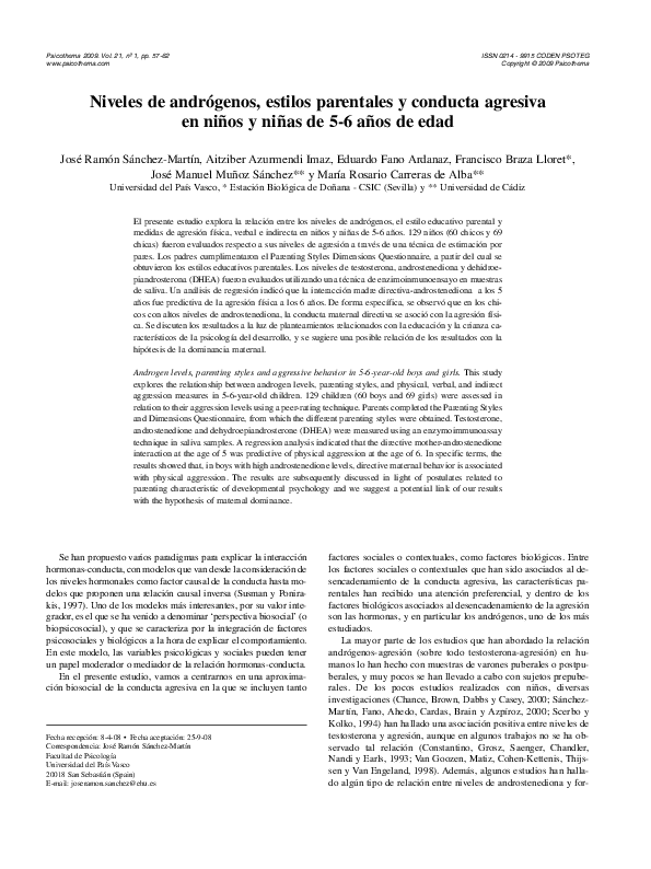 (PDF) Niveles de andr genos, estilos parentales y conducta agresiva en ni os y ni as de 5-6 a os ...