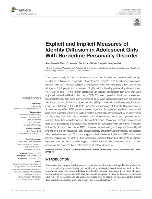(PDF) Explicit and Implicit Measures of Identity Diffusion in Adolescent Girls With Borderline ...