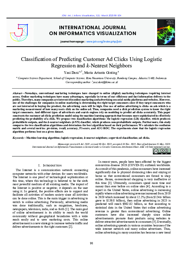 Pdf Classification Of Predicting Customer Ad Clicks Using Logistic Regression And K Nearest