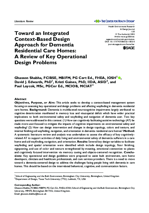 (PDF) Toward an Integrated Context-Based Design Approach for Dementia Residential Care Homes: A ...