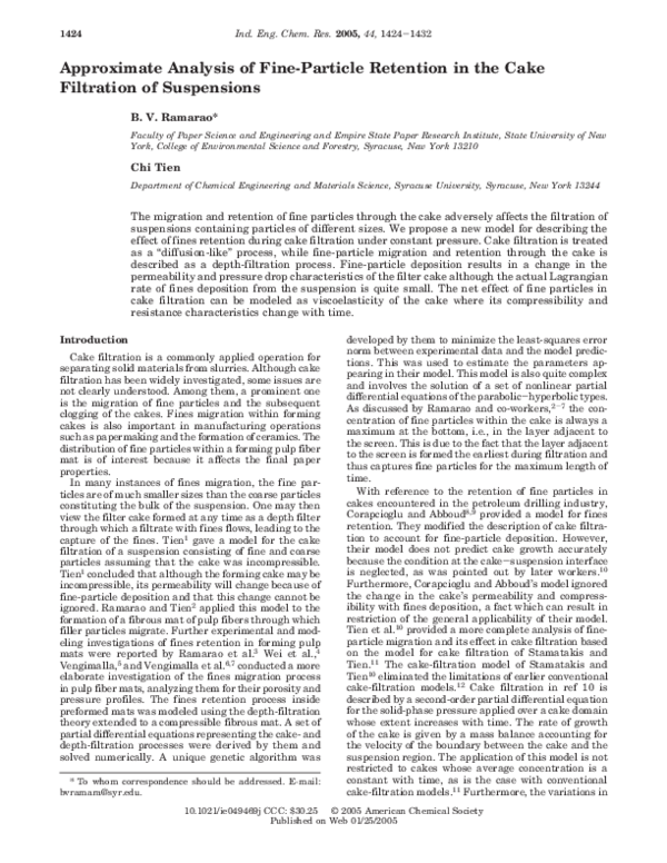 (PDF) Approximate Analysis of Fine-Particle Retention in the Cake Filtration of Suspensions
