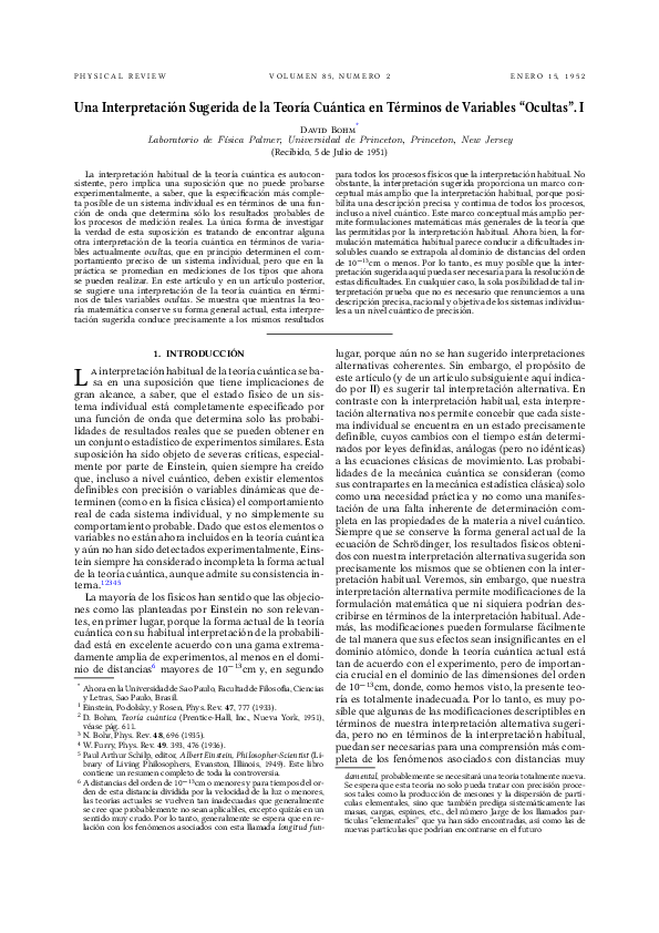 (PDF) David Bohm - Una Interpretacion Sugerida de la Teoria Cuantica en ...