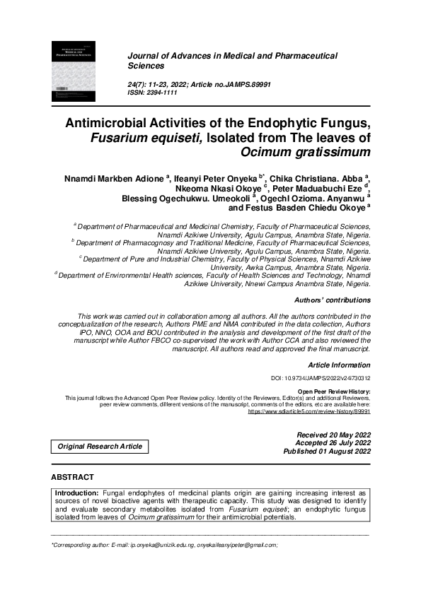 (PDF) Antimicrobial Activities of the Endophytic Fungus, Fusarium equiseti, Isolated from The ...