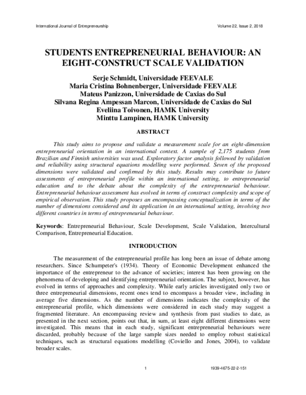 (PDF) Students Entrepreneurial Behaviour: An Eight-Construct Scale Validation