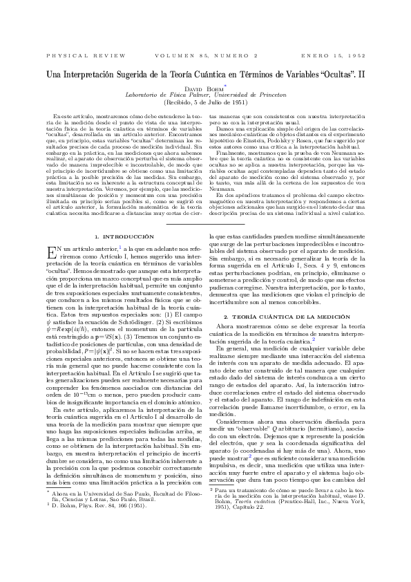 (PDF) David Bohm Una Interpretacion Sugerida de la Teoria Cuantica en ...
