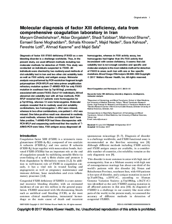 (PDF) Molecular diagnosis of factor XIII deficiency, data from ...