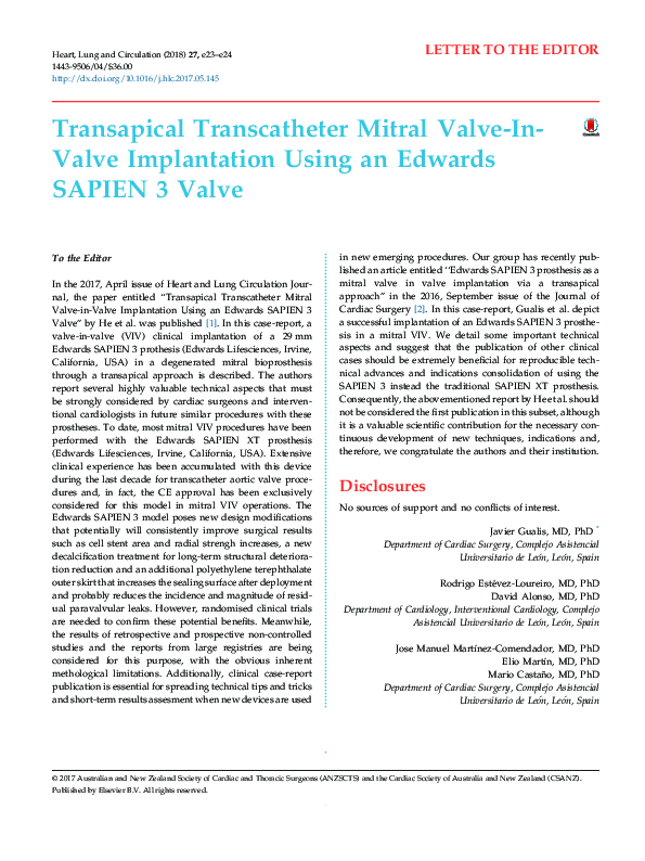 (PDF) Transapical Transcatheter Mitral Valve-in-Valve Implantation in a ...