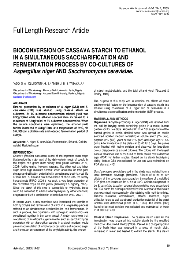 (PDF) Bioconversion of cassava starch to ethanol in a simultaneous saccharification and ...