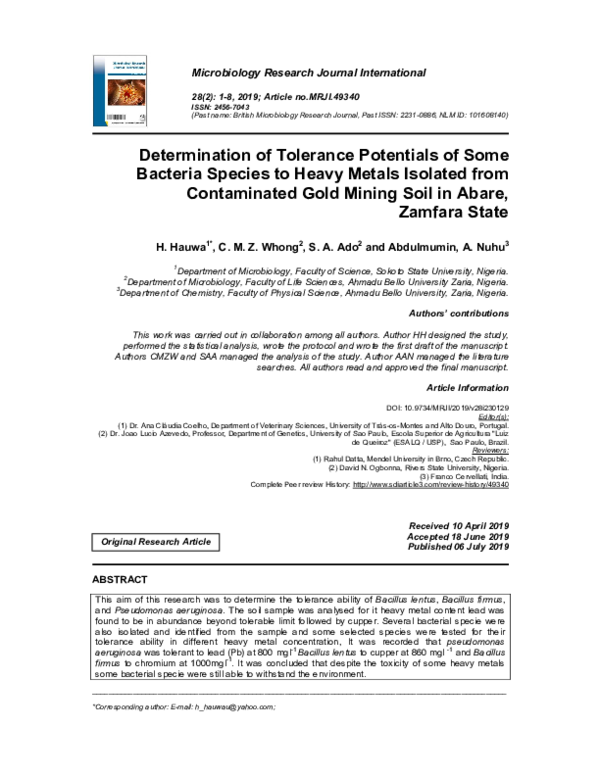 (PDF) Determination of Tolerance Potentials of Some Bacteria Species to ...