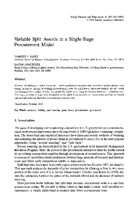 (PDF) Variable split awards in a single-stage procurement model