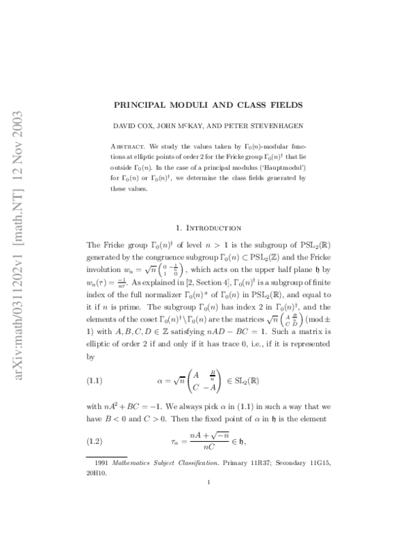 (PDF) Principal Moduli and Class Fields