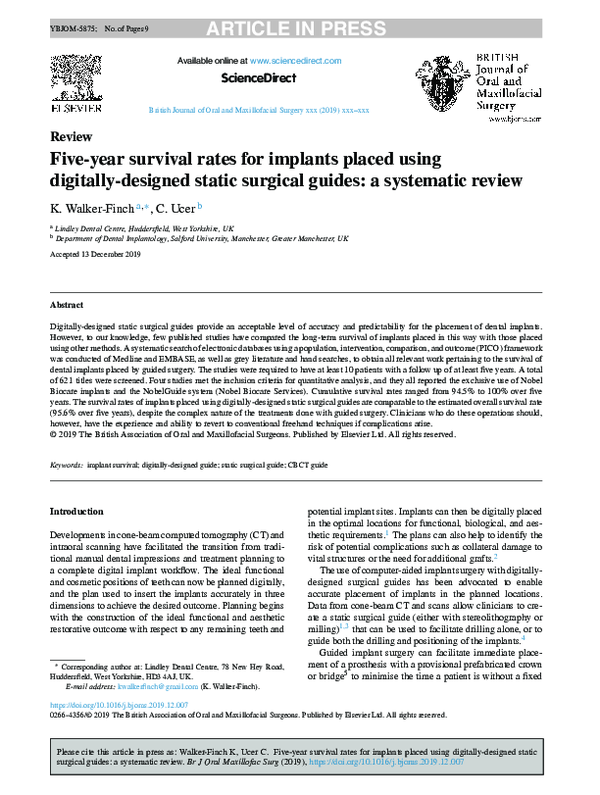 (PDF) Five-year survival rates for implants placed using digitally ...